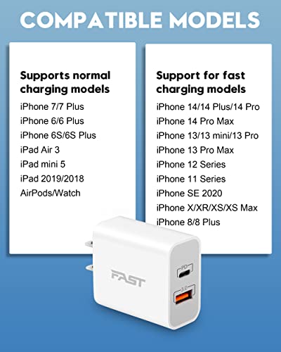 20W USB C Fast Charger, JUNVANG Dual Port PD Power Delivery + Quick Charger Wall Charger Block Plug for iPhone 14/14 Plus/14 Pro Max/13/12 Pro Max/Mini/11/XS/XR/X, iPad, AirPods, Samsung, LG (Pack-3)