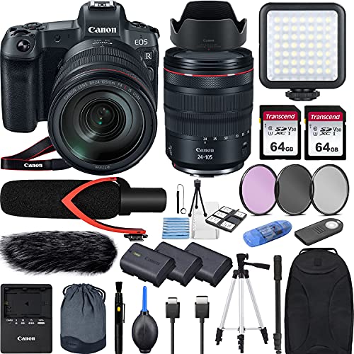 Canon EOS R with RF 24-105mm f/4 is USM Lens Mirrorless Digital Camera Bundle with V30 Shotgun Microphone,LED Light,2xExtra Battery and AccessoryBackpack,50in Tripod,128Gb Memory and More,Black,EOSR