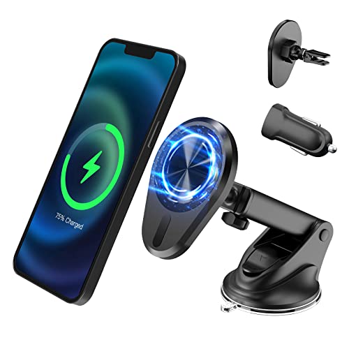 Magnetic Wireless Car Charger Mount, Stick on The Dashboard for MagSafe iPhone 14/14 Pro/14 Max/13/13 Pro/13 Pro Max/ 12/12Pro/Mini, Fast Charging Auto-Alignment Air Vent Phone Holder