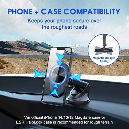 Magnetic Wireless Car Charger Mount, Stick on The Dashboard for MagSafe iPhone 14/14 Pro/14 Max/13/13 Pro/13 Pro Max/ 12/12Pro/Mini, Fast Charging Auto-Alignment Air Vent Phone Holder