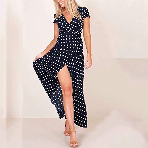 XIMIN Women's Fashion Casual Short Sleeve V-Neck Low Cut Printed Polka Dot Dress Beach Maxi Dress (Navy, Size:XL)