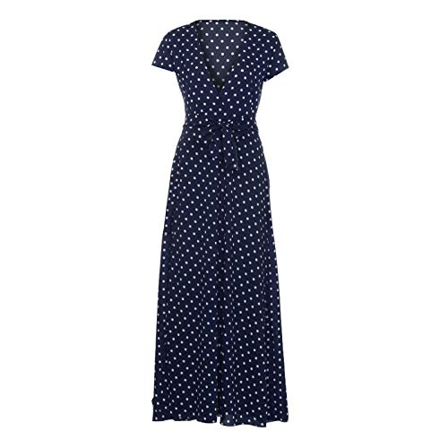 XIMIN Women's Fashion Casual Short Sleeve V-Neck Low Cut Printed Polka Dot Dress Beach Maxi Dress (Navy, Size:XL)