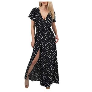 ximin women’s fashion casual short sleeve v-neck low cut printed polka dot dress beach maxi dress (black, size:xxxxxl)