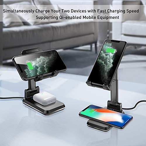 Tiluza Wireless Charger, 2 in 1 Dual Wireless Charging Stand, Adjustable Phone Holder for Desk 10W Qi Fast Charger Compatible with iPhone 13/12/11/Pro/Xs/Max/XR/X AirPods, Samsung S21/S20/S10/S9/Note