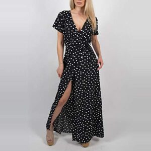 XIMIN Women's Fashion Casual Short Sleeve V-Neck Low Cut Printed Polka Dot Dress Beach Maxi Dress (Black, Size:XXL)