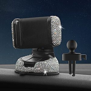 bling phone holder for car, girly rhinestone car dashboard windshield cell phone mount , 360 degree adjustable glitter sparkly handcrafted diamond car decor for women with air vent hook clip, white