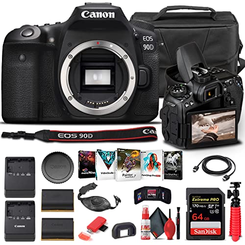 Canon EOS 90D DSLR Camera (Body Only) (3616C002), 64GB Memory Card, Case, Corel Photo Software, LPE6 Battery, Charger, Card Reader, HDMI Cable, Deluxe Cleaning Set + More (Renewed)