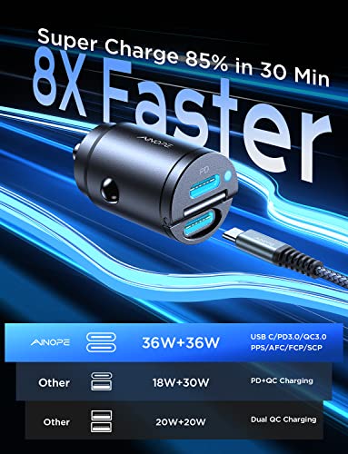 USB C Car Charger PD36W & QC36W, AINOPE Car Charger Fast Charge 2-Port PD&QC3.0 Cigarette Lighter USB Charger with 3.3ft Type C Cable All-Metal Body Fit for Samsung S23/S22 iPhone 14/13