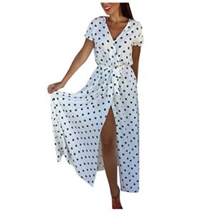 ximin women’s fashion casual short sleeve v-neck low cut printed polka dot dress beach maxi dress (white, size:xxxl)