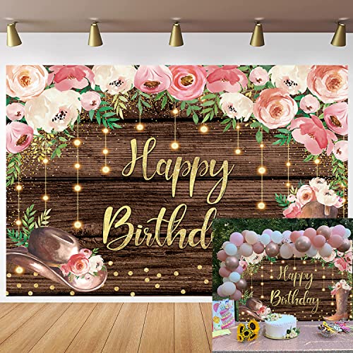 Cowgirl Happy Birthday Backdrop 7x5FT Western Hat Boot Floral Glitter Brown Rustic Wooden Boho Bday Photography Background for Women Country Party Decorations Banner Props