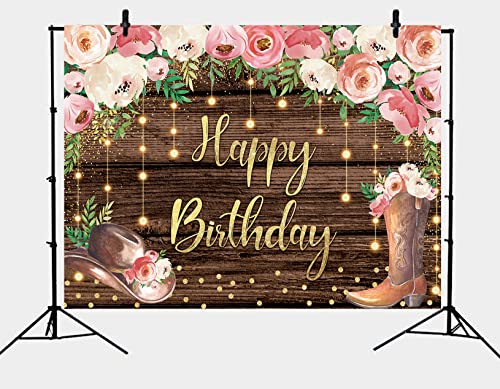 Cowgirl Happy Birthday Backdrop 7x5FT Western Hat Boot Floral Glitter Brown Rustic Wooden Boho Bday Photography Background for Women Country Party Decorations Banner Props