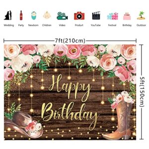 Cowgirl Happy Birthday Backdrop 7x5FT Western Hat Boot Floral Glitter Brown Rustic Wooden Boho Bday Photography Background for Women Country Party Decorations Banner Props