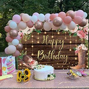 Cowgirl Happy Birthday Backdrop 7x5FT Western Hat Boot Floral Glitter Brown Rustic Wooden Boho Bday Photography Background for Women Country Party Decorations Banner Props