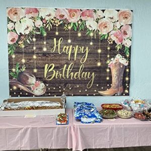 Cowgirl Happy Birthday Backdrop 7x5FT Western Hat Boot Floral Glitter Brown Rustic Wooden Boho Bday Photography Background for Women Country Party Decorations Banner Props