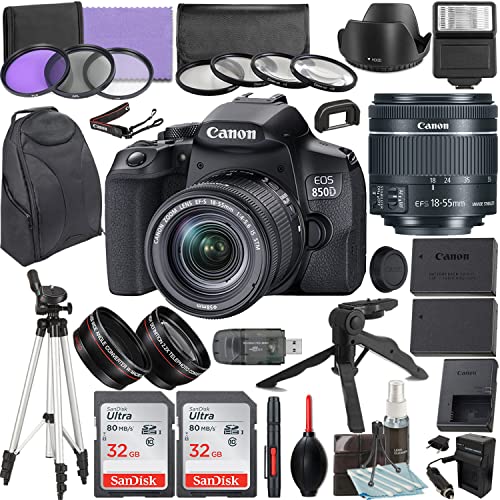 Camera Bundle for Canon EOS 850D / Rebel T8i DSLR Camera with EF-S 18-55mm f/4-5.6 is STM Lens and Accessories Kit (64GB, Hand Grip Tripod, Flash, and More) (Renewed)