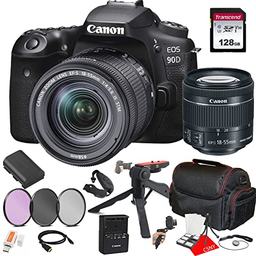 Canon EOS 90D DSLR Camera w/EF-S 18-55mm F/4-5.6 Zoom is STM Lens + 128GB Memory + Case + Filters + Tripod + 3 Piece Filter Kit + More (24pc Bundle)