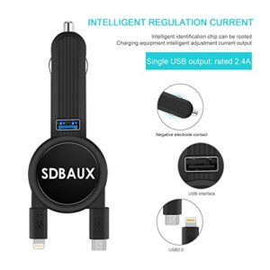 SDBAUX Car Charger, with 2.3 ft Dual Retractable Charging Cable Compatible for Samsung Galaxy S6 S5 Tab 4 Google Nexus10 LG Phone 11 XS Max XR X 8 7 6 5 Plus 5s and 1 USB Port