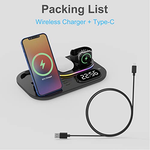 4 in 1 Wireless Charging Station with Digital Clock and Night Light, Wireless Charger Stand Compatible with iPhone 13/12, AirPods 3/2/pro, iWatch Series 7/6/5/SE/4/3/2/1, Samsung Galaxy etc(Black)