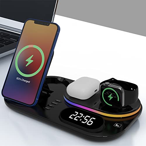 4 in 1 Wireless Charging Station with Digital Clock and Night Light, Wireless Charger Stand Compatible with iPhone 13/12, AirPods 3/2/pro, iWatch Series 7/6/5/SE/4/3/2/1, Samsung Galaxy etc(Black)