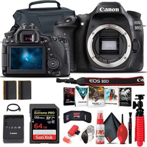 canon eos 80d dslr camera (body only) (1263c004) + 64gb card + case + corel photo software + lpe6 battery + card reader + flex tripod + hdmi cable + hand strap + more (renewed)