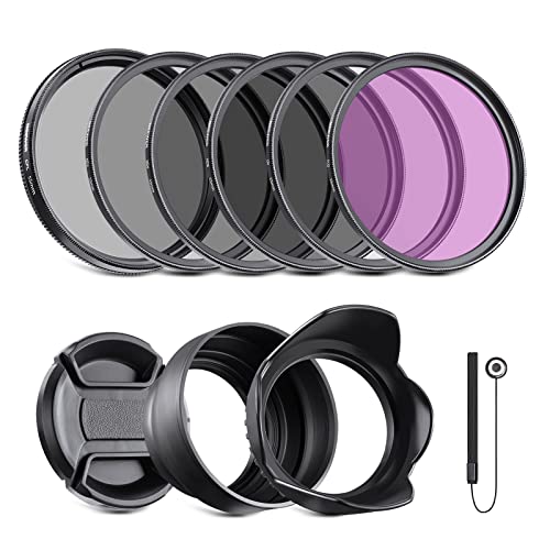 NEEWER 55mm ND2 ND4 ND8 UV CPL FLD Filter and Lens Accessories Kit with Snap on Lens Cap, Tulip Shaped Lens Hood, Collapsible Rubber Lens Hood, Filter Pouch, Safety Tether and Cleaning Cloth