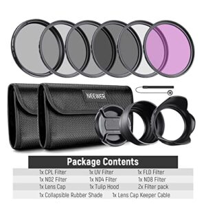 NEEWER 55mm ND2 ND4 ND8 UV CPL FLD Filter and Lens Accessories Kit with Snap on Lens Cap, Tulip Shaped Lens Hood, Collapsible Rubber Lens Hood, Filter Pouch, Safety Tether and Cleaning Cloth