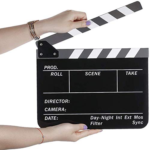 Coolbuy112 Movie Directors Clapboard, Photography Studio Video TV Acrylic Clapper Board Dry Erase Film Slate Cut Action Scene Clapper with a Magnetic Blackboard Eraser and Two Custom Pens, Black