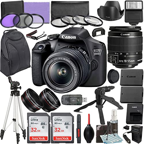 Camera Bundle for Canon EOS 2000D / Rebel T7 DSLR Camera with EF-S 18-55mm f/3.5-5.6 is II Lens and Accessories Kit (64GB, Hand Grip Tripod, Flash, and More) (Renewed)