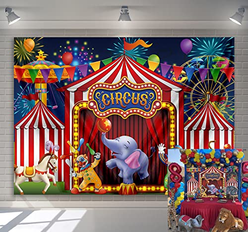 GYA Red Circus Backdrop Amusement Park Tents Stratus Playground Carnival Carousel Kids Boy Girl 1st First one Birthday Party Background Photo Baby Shower, 7x5FT(width 210cm x Height 150cm)