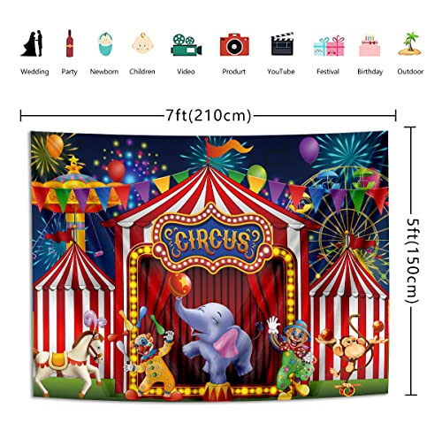 GYA Red Circus Backdrop Amusement Park Tents Stratus Playground Carnival Carousel Kids Boy Girl 1st First one Birthday Party Background Photo Baby Shower, 7x5FT(width 210cm x Height 150cm)