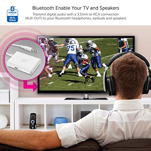 Aluratek Bluetooth v3.0 Audio Transmitter, Bluetooth enable TVs, Stereos, Computers and MP3 Players for Wireless Audio Transmitting to BT Headphones, Up to 33ft. (ABT01F), white