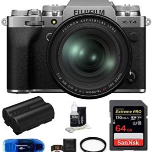 Fujifilm X-T4 Mirrorless Digital Camera with XF 16-80mm f/4 R OIS WR Lens (Silver) Bundle, Includes: SanDisk 64GB Extreme PRO SDXC Memory Card, Spare Fujifilm NP-W235 Battery + More (7 Items)