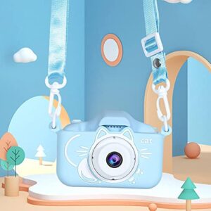 new cat cartoon children’s camera, front and rear double lens 20 million selfie camera with 32gb sd card, hd selfie camera for kids, parent-child gift camera (blue)