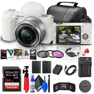 sony zv-e10 mirrorless camera with 16-50mm lens (white) (ilczv-e10l/w) + 64gb memory card + filter kit + corel photo software + bag + npf-w50 battery + external charger + card reader + more (renewed)