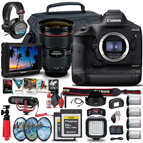 Canon EOS-1D X Mark III DSLR Camera (Body Only) (3829C002) + 4K Monitor + Canon EF 24-70mm Lens + 2 x 128GB CFexpress Card + Pro Mic + Pro Headphones + 3 x LP-E19 Battery + Case + More (Renewed)