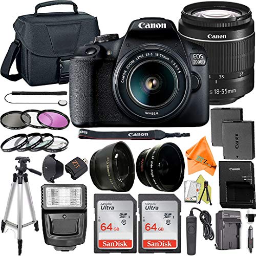 Canon EOS 2000D / Rebel T7 Digital SLR Camera 24.1MP with 18-55mm Zoom Lens + ZeeTech Accessory Bundle, 2 Pack SanDisk 64GB Memory Card, Telephoto and Wideangle Lenses, Flash, Tripod (Renewed)