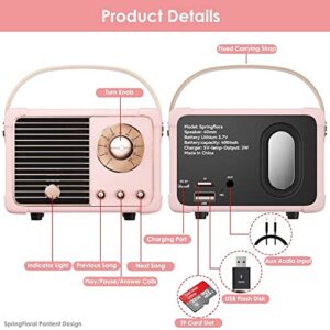 SpringFlora Retro Bluetooth Speaker, Wireless Vintage Small Speaker with Stereo Sound,Hands-free Call,400mA Battery,TF Card,Aux Line, Water-Proof For iOS Android Smartphone Home Office Gift Ideas Pink