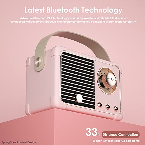 SpringFlora Retro Bluetooth Speaker, Wireless Vintage Small Speaker with Stereo Sound,Hands-free Call,400mA Battery,TF Card,Aux Line, Water-Proof For iOS Android Smartphone Home Office Gift Ideas Pink