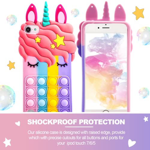 iPod Touch 7 Case, Kakotomy Kawaii Stress Relief Fidget Toy 3D Phone Cases with Strap for Girls Kids Teen, Cute Unicorn Pop it Bubble Silicone Case Protective for Apple iPod Touch 5/6/7th Generation