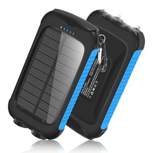 dyuanup 20,000mah solar charger power bank 2led flashlight ip65 waterproof with dual usb outputs and type c input/output built-in solar panel for outdoor camping for all cell phones (blue)