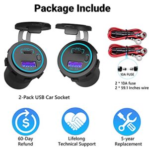 2 Pack USB C Car Charger Socket 12V USB Outlet, Qidoe 38W PD & QC3.0 Dual USB Port with Power Switch and 59'' Wire Waterproof RV USB Socket 12V Power Outlet for Car Boat Marine Golf Cart RV Motorcycle