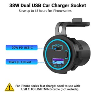 2 Pack USB C Car Charger Socket 12V USB Outlet, Qidoe 38W PD & QC3.0 Dual USB Port with Power Switch and 59'' Wire Waterproof RV USB Socket 12V Power Outlet for Car Boat Marine Golf Cart RV Motorcycle