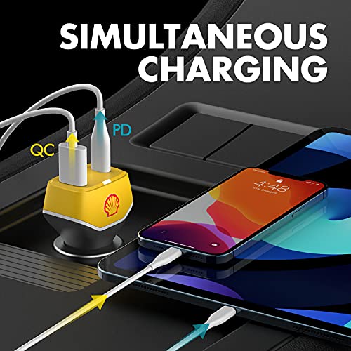 Shell USB Car Charger Fast Charger, 63W 2 Port iPhone Car Charger, 45W PD USB C + 18W QC USB A, for iPhone 13 /Pro/Max/Mini, iPad Pro/Air/Mini, MacBook Air/Pro, Google Pixel, Tablets, GPS