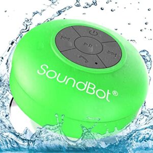 Soundbot SB510 Bluetooth Shower Speaker HD Water Resistant Bathroom Speakers, Handsfree Portable Speakerphone with Built-in Mic, 6hrs of Playtime, Control Buttons and Dedicated Suction Cup (Green)