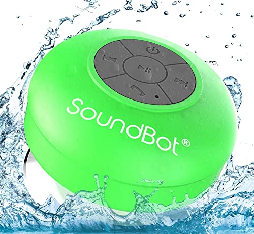 Soundbot SB510 Bluetooth Shower Speaker HD Water Resistant Bathroom Speakers, Handsfree Portable Speakerphone with Built-in Mic, 6hrs of Playtime, Control Buttons and Dedicated Suction Cup (Green)