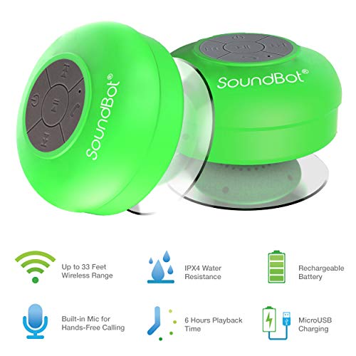 Soundbot SB510 Bluetooth Shower Speaker HD Water Resistant Bathroom Speakers, Handsfree Portable Speakerphone with Built-in Mic, 6hrs of Playtime, Control Buttons and Dedicated Suction Cup (Green)