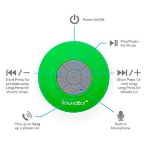 Soundbot SB510 Bluetooth Shower Speaker HD Water Resistant Bathroom Speakers, Handsfree Portable Speakerphone with Built-in Mic, 6hrs of Playtime, Control Buttons and Dedicated Suction Cup (Green)