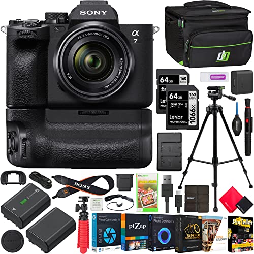 Sony a7 IV Mirrorless Full Frame Camera Body with 28-70mm F3.5-5.6 Lens Kit ILCE-7M4K/B Bundle with VG-C4EM Vertical Grip + Deco Gear Case + Tripod + Extra Battery, Dual Charger and Accessories