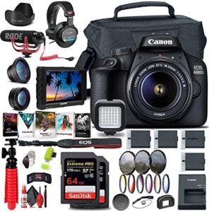 canon eos rebel t100 / 4000d dslr camera with 18-55mm lens + 4k monitor + mic + headphones + 2 x 64gb card + filter kit + case + photo software + 3 x lpe10 battery + more (renewed)