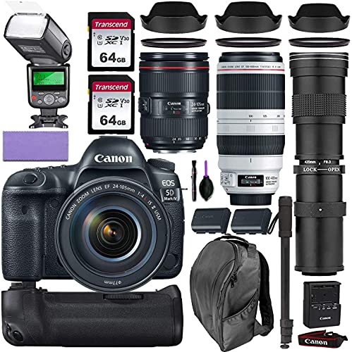 Canon EOS 5D Mark IV DSLR Camera w/Canon 24-105mm f/4L II USM, Canon 100-400mm is II USM & Commander 420-800mm Telephoto Lens + Elegant Accessory Kit (2X 64GB Memory Card, Backpack & More.)